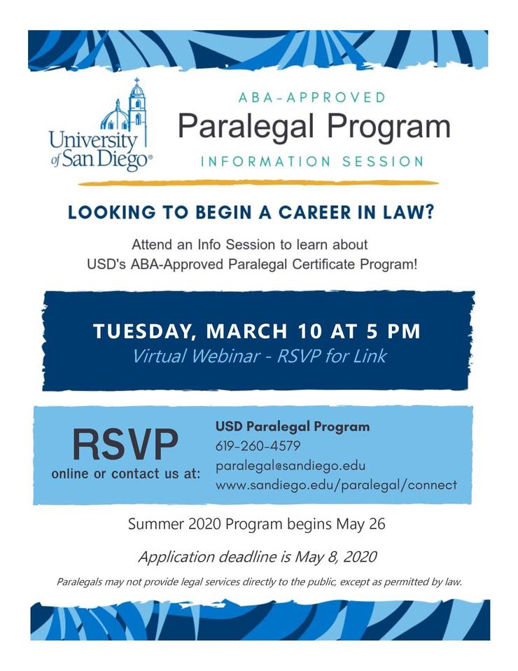 Law Events Calendar - USD Paralegal Program Virtual Info Session - Free ...