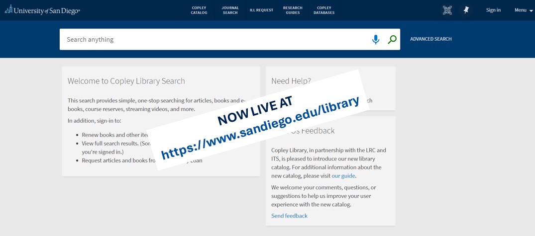 USD is now live with a new library catalog! - University of San Diego